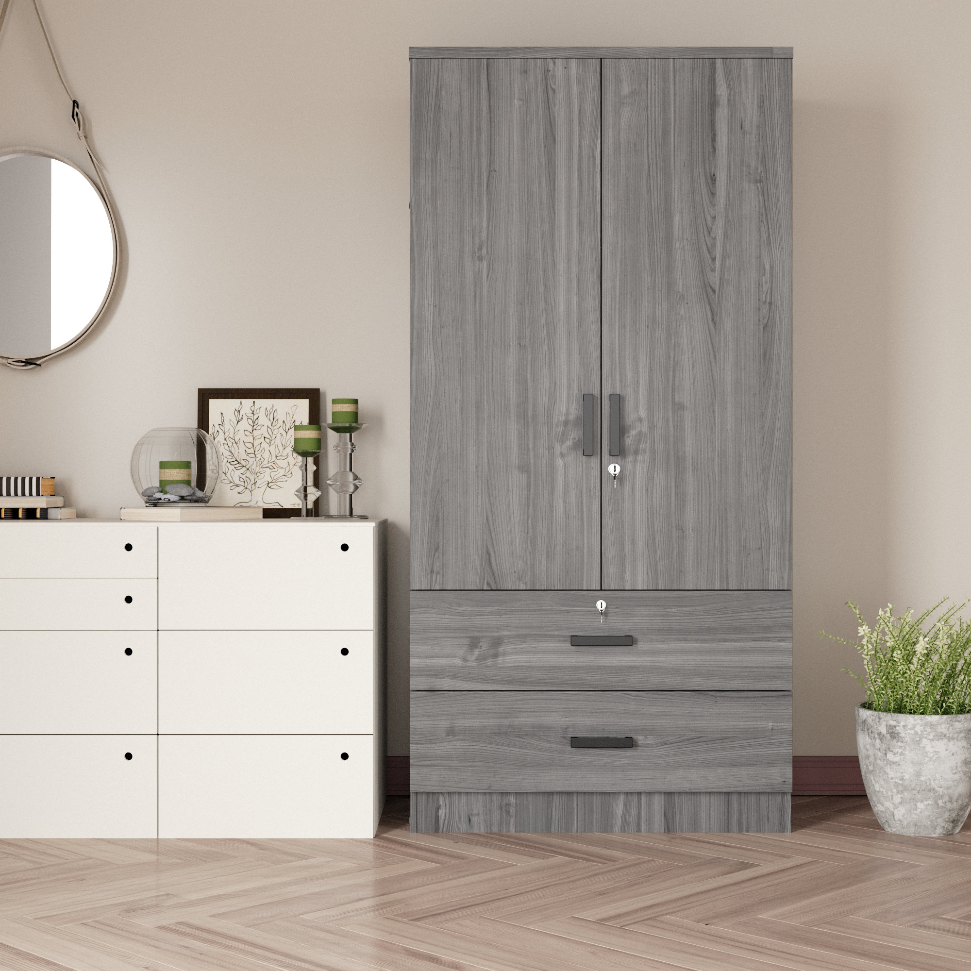 Scottie 2 Door Wardrobe with 2 Drawers New and Improved Ebern Designs Color Gray